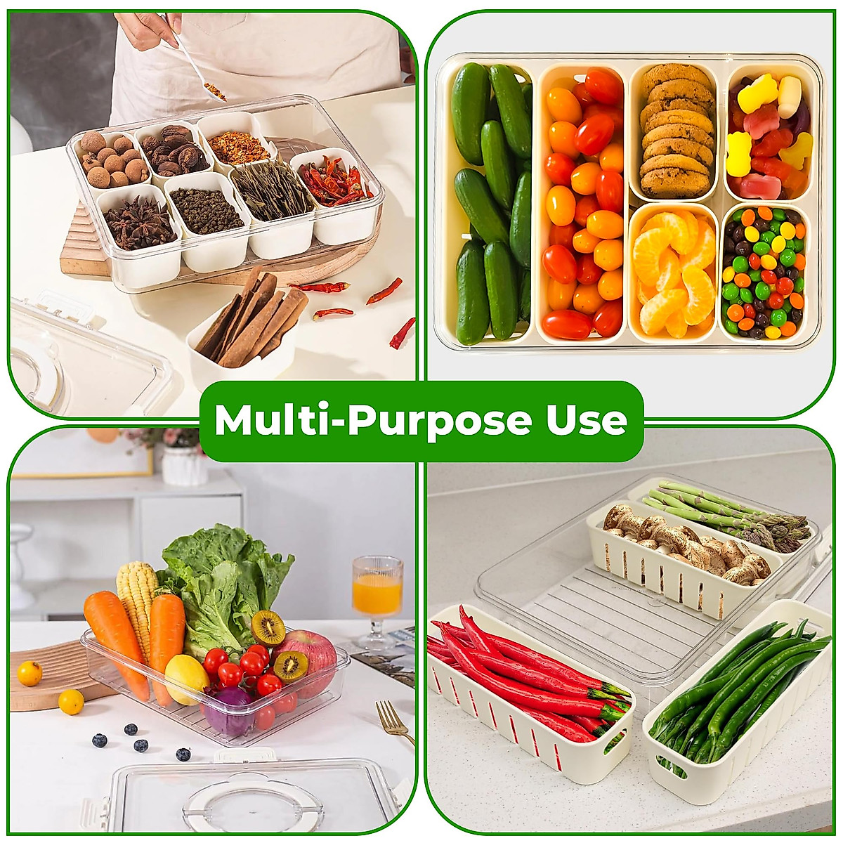 Kenswiss 2 Pack Divided Serving Tray with Lid and Handle | Portable Snackle Box for Adults, Kids | Charcuterie Container with 8 and 4 Compartments | Snack Organizer for Fruits and Travel