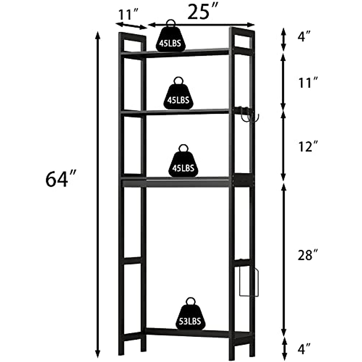 Bonzy Home Over The Toilet Storage Bamboo 3 Tier Bathroom Organizer Space Saver Bathroom Shelf Freestanding Toilet Stands with Hooks, Black