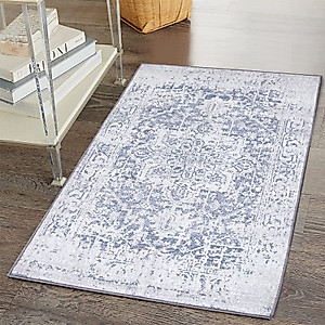 RoomTalks Flatweave Ultra Thin Vintage Entryway Rug 2’x3’ Non-Slip Heavy Duty TPR Backed, Ivory and Gray Oriental Front Door Mat Outdoor Indoor Entrance Boho Distressed Entry Porch Rug Decor