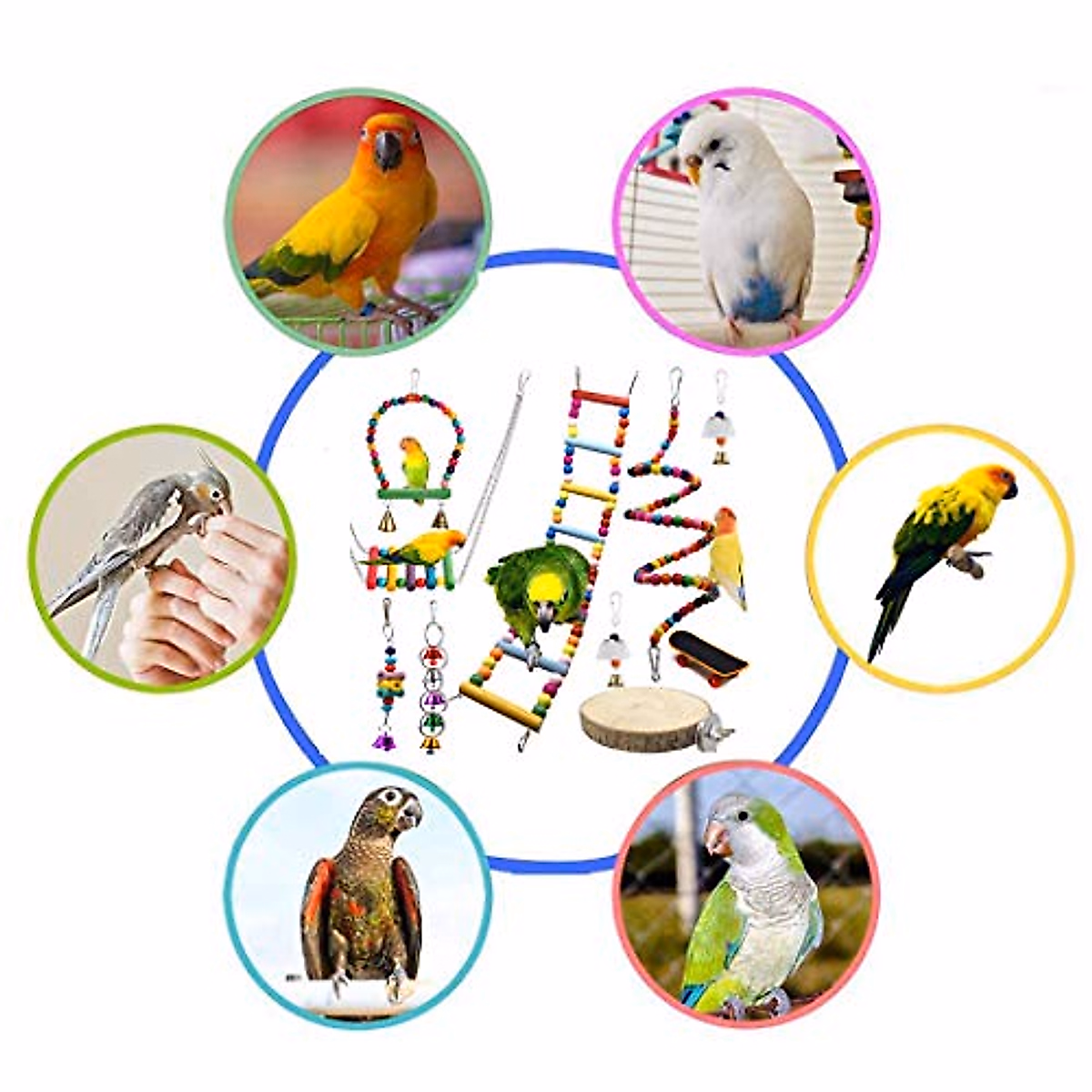 VolksRose Bird Swing Toys 10 Packs, Parrot Hammock Bell Toys Parrot Cage Toy Bird Perch with Wood Beads Hanging for Small Parakeets, Cockatiels, Conures, Budgie, Macaws, Parrots, Mynah, Love Birds