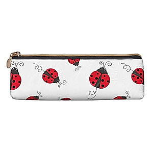 Ykklima Cute Red Ladybug Cartoon Pattern Leather Pencil Case Zipper Pen Makeup Cosmetic Holder Pouch Stationery Bag for School, Work, Office