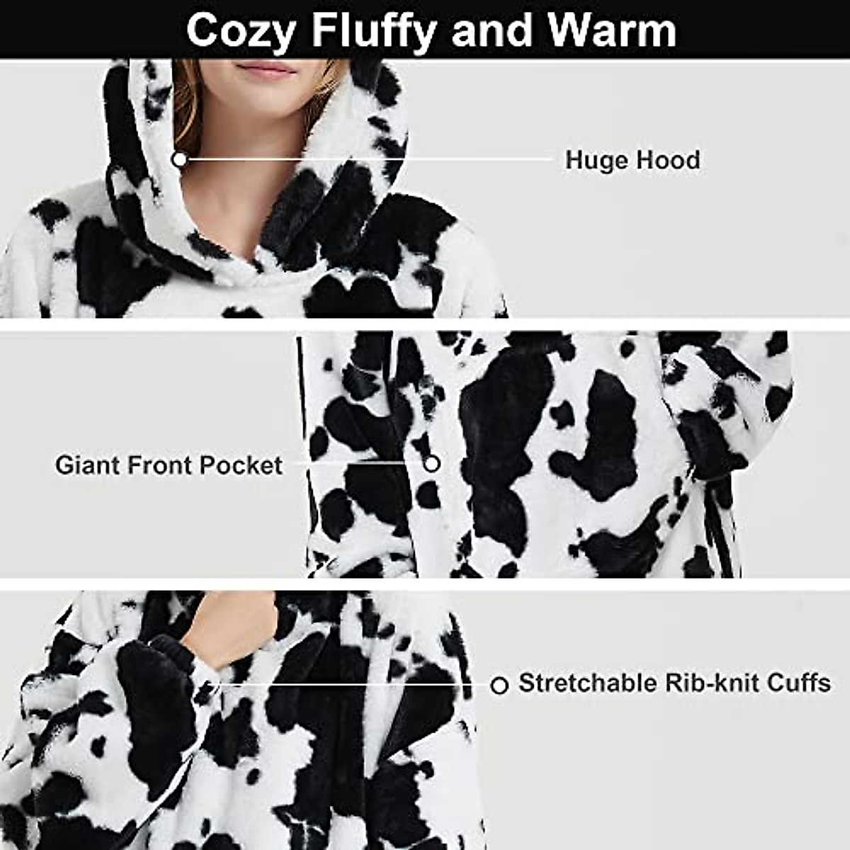softan Blanket Hoodie, Oversized Wearable Blanket for Adult Men Women, Super Cozy Warm and Soft Hooded Blanket Sweatshirt, Cow Print Faux Fur Blanket Sweatshirt with Large Pocket, One Size Fits All