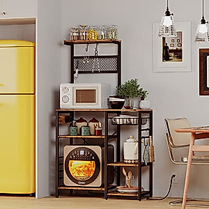 IRONCK Bakers Rack, Microwave Stand with Power Outlet, Industrial Coffee Bar with Wire Drawer for Kitchen, Living Room Easy Assembly and Save Space Vintage Brown