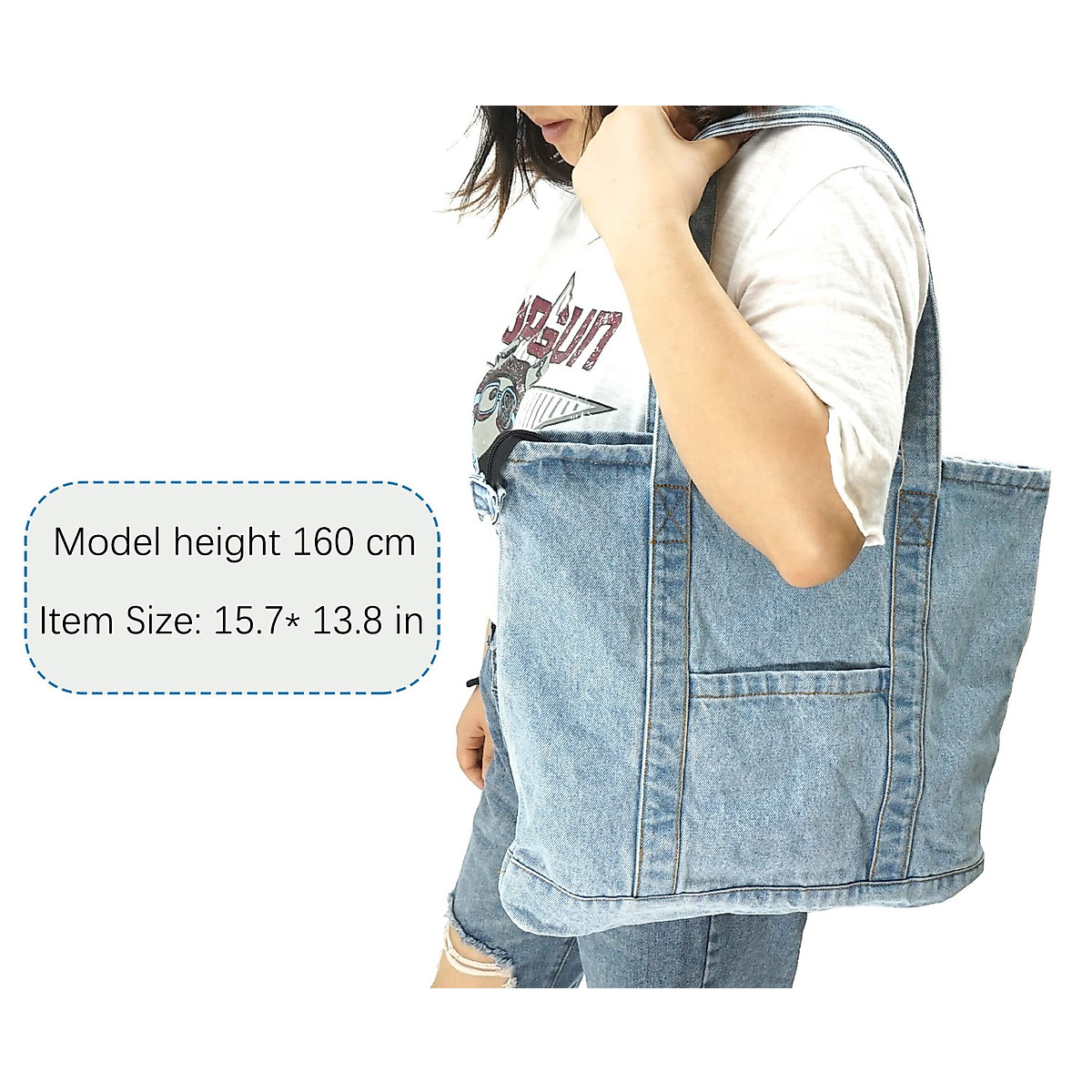 YunZh Denim Tote Bag Casual Style Lightweight Classic Retro Travel Shopper Shoulder Handbag