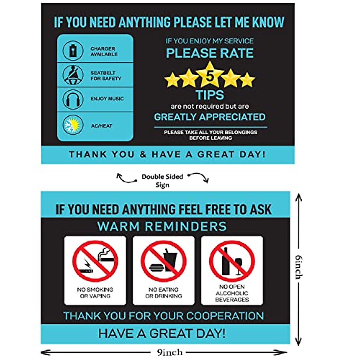 2-Pack Tips Rating Appreciated Rideshare Accessories Sign for Car Taxi - Rate Me Tip No Smoking for 5 Star Rides for Ride-share