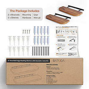 BATODA 17" Acacia Wood Floating Shelves Wall Mounted (Round Edge) – Rustic Farmhouse Wooden Wall Storage Shelf for Bedroom, Kitchen - Brackets and Shelving Hardware Included (Acacia, 17 Inch Length)