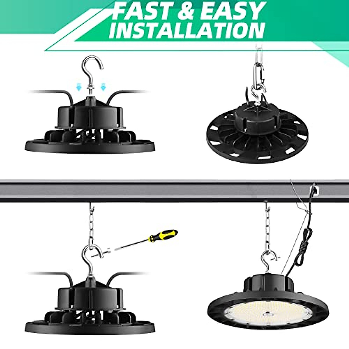 ALNSA LED High Bay Light 150W Super Bright UFO LED High Bay Light 21,000LM 5000K with US Plug 5’Cable, 1-10V Dimmable, IP65 Waterproof LED Shop Lights, Commercial Workshop Factory Area Lighting