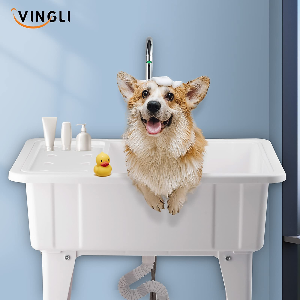 VINGLI Utility Sink Laundry Tub for Washing Room, Freestanding Utility Sink with Stainless Steel Faucet, White, 32.3"W x 22.4" D x43.3"H(Include Faucet)