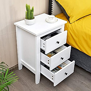 Safeplus Nightstand, Side Table with 3 Drawers, Bedroom Side Storage Cabinet Wooden End Table Accent Table Solid Wood Legs (White, 2 Pics)