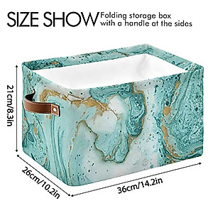 Kigai Turquoise Marble Texture Storage Baskets Rectangle Foldable Canvas Fabric Organizer Storage Boxes with Handles for Home Office Decorative Closet Shelves Clothes Storage