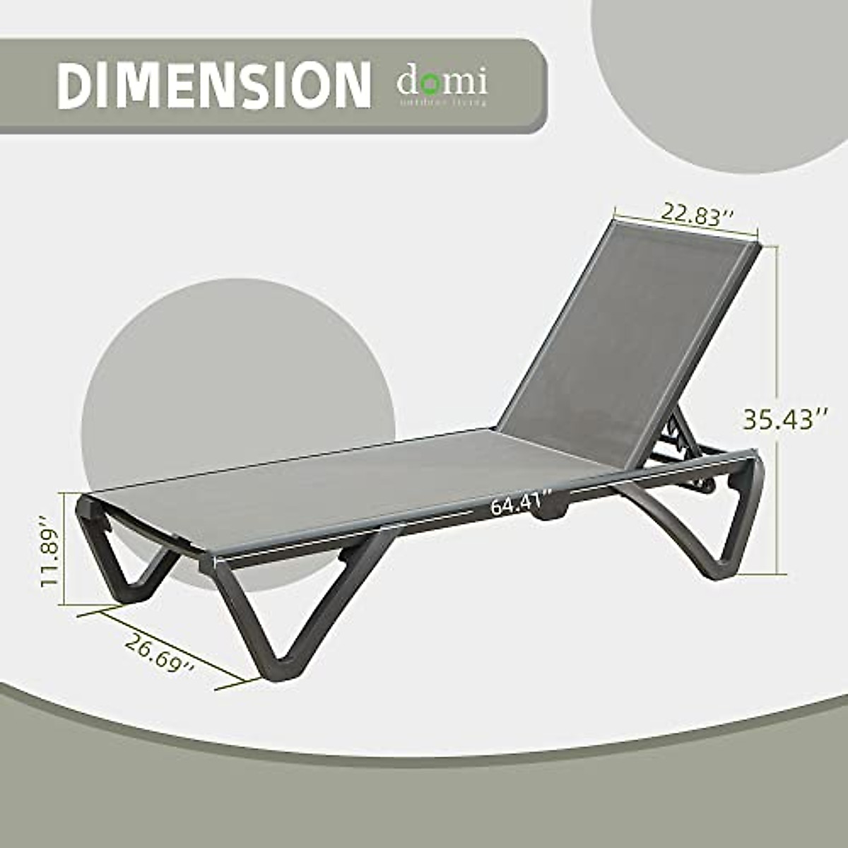 Domi Pool Lounge Chairs Set of 2, Adjustable Aluminum Plastic Outdoor Chaise Lounge, All Weather for Outside Beach Poolside Lawn-Grey Textilene