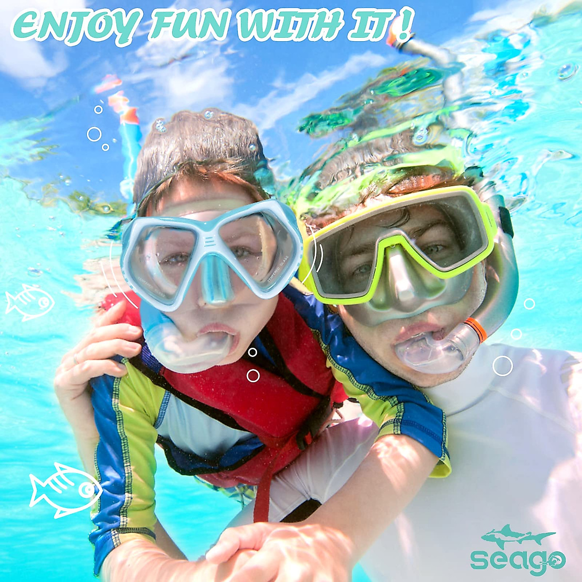 Seago Kids Swim Goggles with Nose Cover Snorkel Mask Scuba Diving Swim Mask Anti-Fog Tempered Glass, Panoramic Clear View Silicone Seal Snorkeling Gear Swimming Goggles for Kids 6-14 Boys Girls Youth