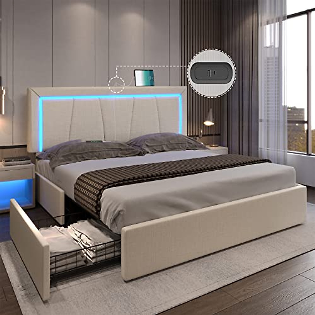 DICTAC Queen Bed Frame with LED Headboard and 4 Storage Drawers Upholstered Platform Bed Frame with USB Ports and Led Lights Modern Queen Size Led Bed Frame,Linen Fabric,No Box Spring Needed,Off White