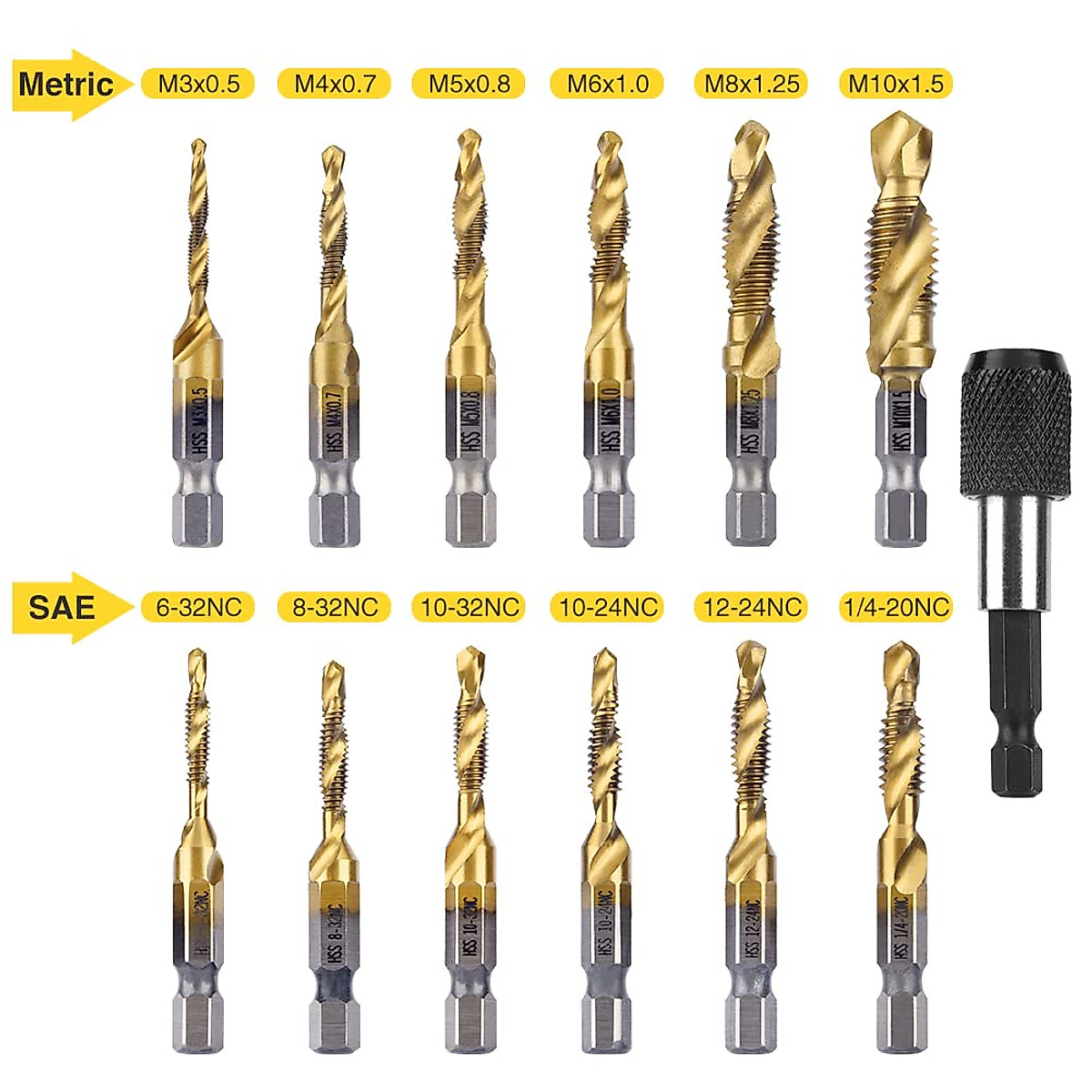 Drill Tap Bit Set, 3 in 1 Thread Tapping Drill Bit with Box, Hex Shank High Speed Steel Twist Drill Tapping Tool with Quick Change Adaptor, 13pcs