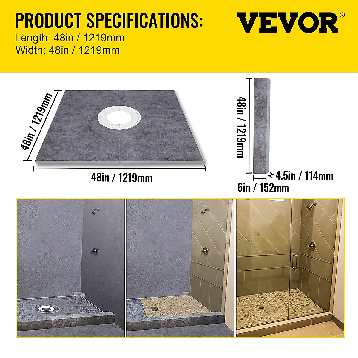 VEVOR Shower Curb Kit, 48"x48" Watertight Shower Curb Overlay with 4" ABS Central Bonding Flange, 4" Stainless Steel Grate, 2 Cuttable Shower Curb and Trowel, Shower Pan Slope Sticks Fit for Bathroom