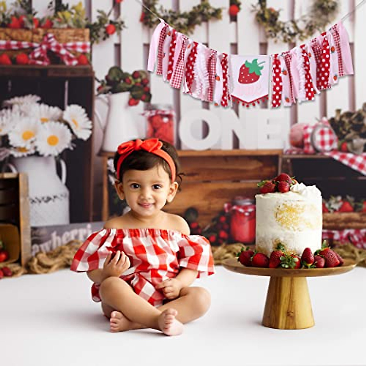 Strawberry High Chair Banner for 1st Birthday - Strawberry Theme Birthday Decoration, First Birthday Decorations for Girl, Sweet One Birthday Party Decorations, Cake Smash Photo Props