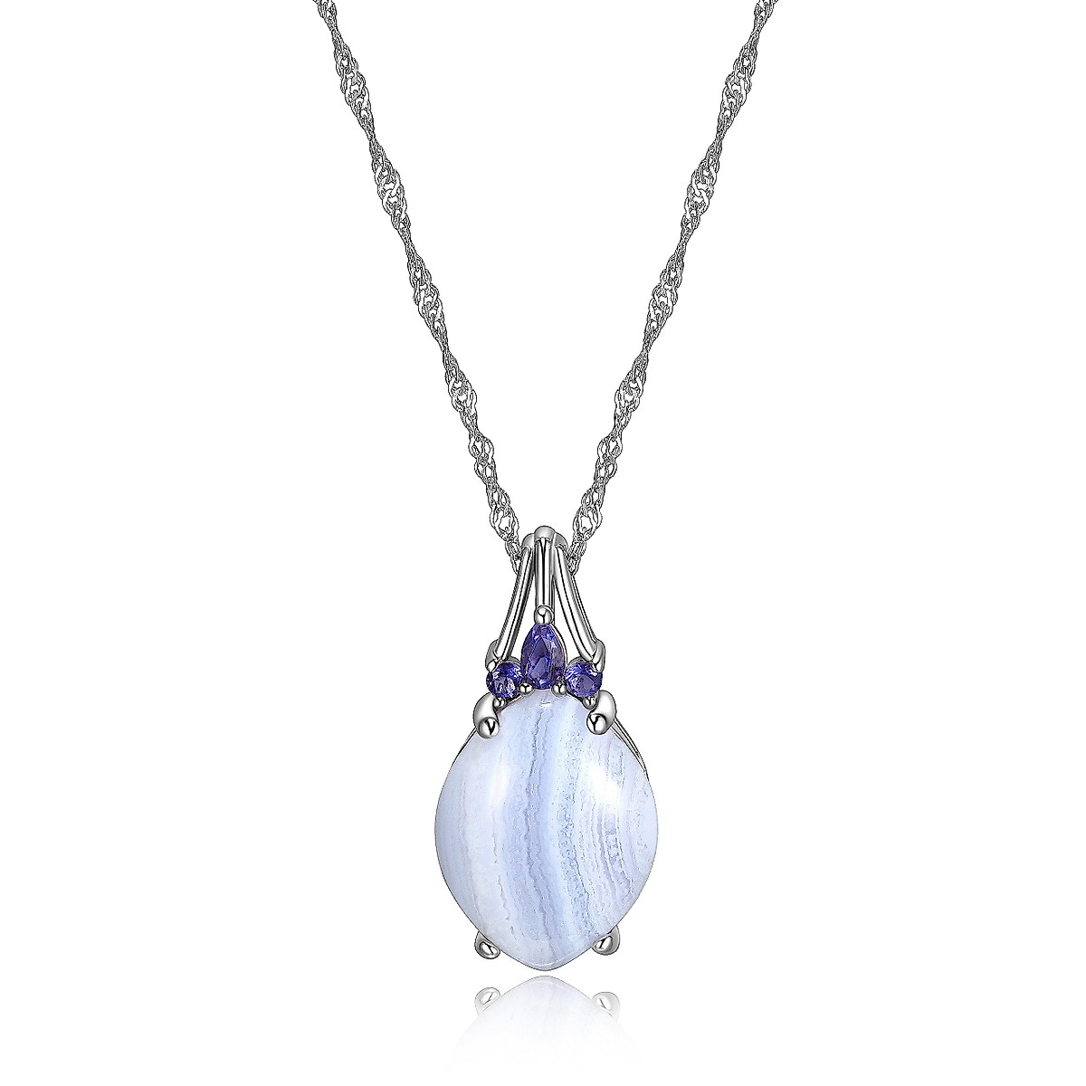 MORGAN & PAIGE .925 Sterling Silver Genuine Blue Lace Agate and Iolite 1" Oval Pendant Necklace on 18" Box Chain