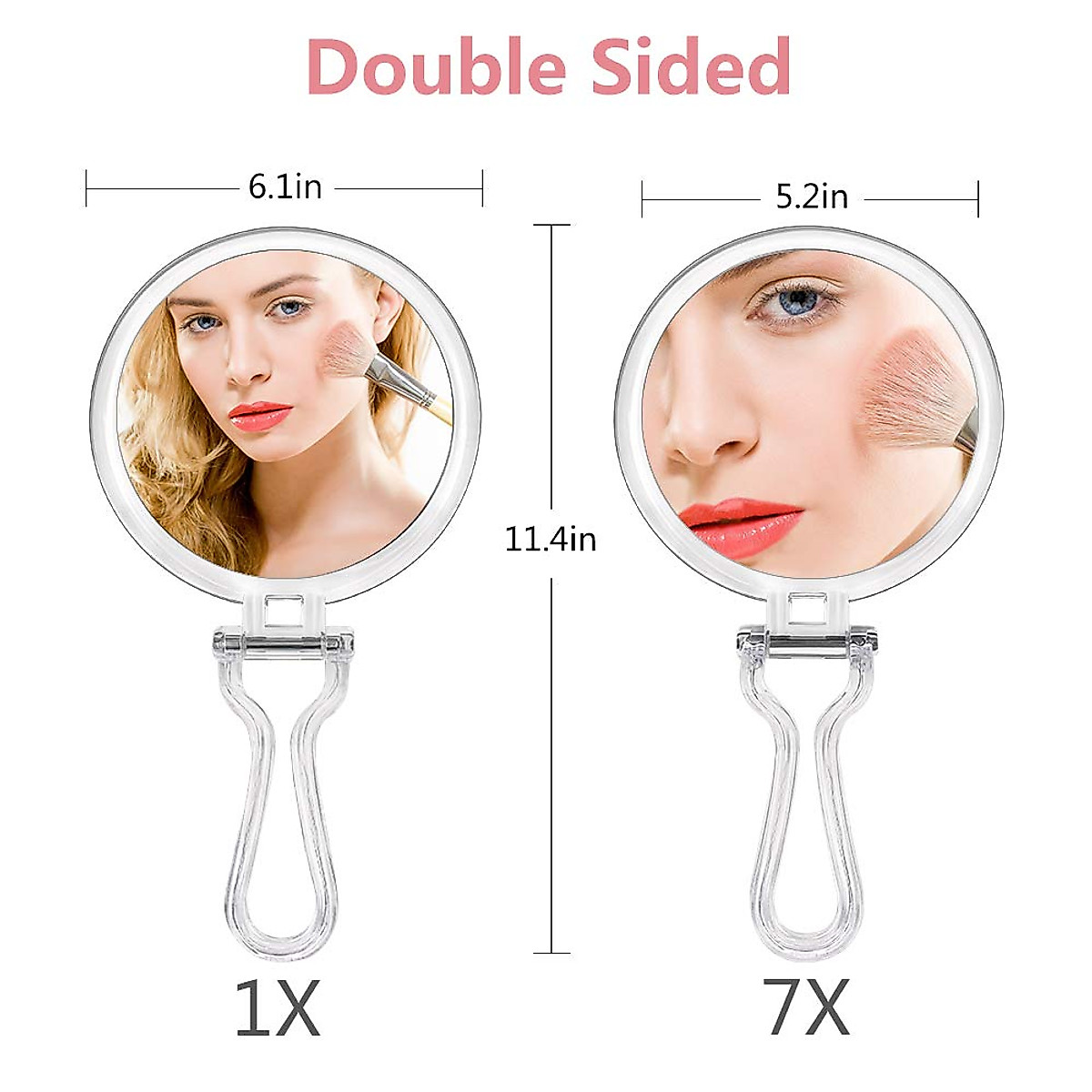 Cheftick Double Sided Hand Held Mirror - 1X & 7X Magnifying Travel Makeup Mirror with Adjustable Folding Handle, Portable, Transparent & Round (6")