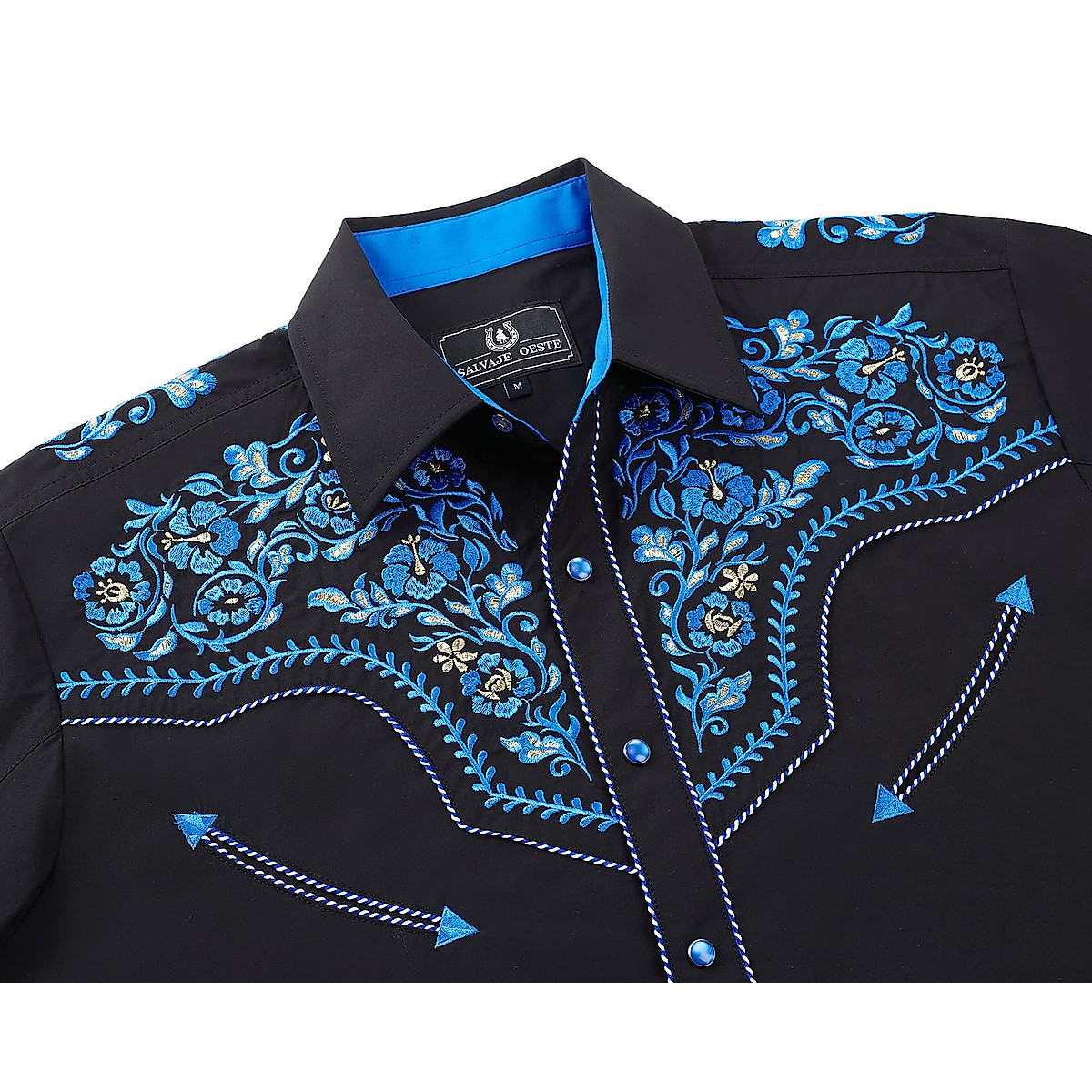 SALVAJE OESTE Western Embroidered Cowboy Shirts for Men, Casual Button Down Long Sleeve Shirt Floral Design Retro Shirt Black-Royal Blue