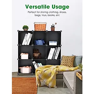 Puroma 9 Cube Storage Organizer, Black Modern Bookcase with Mallet DIY Closet Organizers and Storage, 12" x 12" x 12"