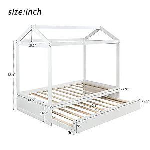Twin Size House Bed with Trundle, Wooden Daybed for Toddlers, Teens, Girls, Boys, Kids House Bed Frame Can Be Decorated (White)
