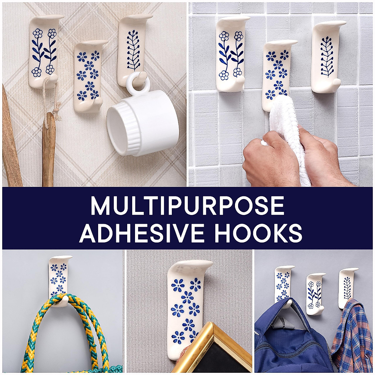 Indian Shelf Boho Decorative Hooks Adhesive Hooks Sticky Hooks for Wall Shower Loofah Holder for Shower Hooks No Damage Hanging Adhesive Key Holder Drywall Hooks for Hanging Adhesive Towel Hooks-3 Set