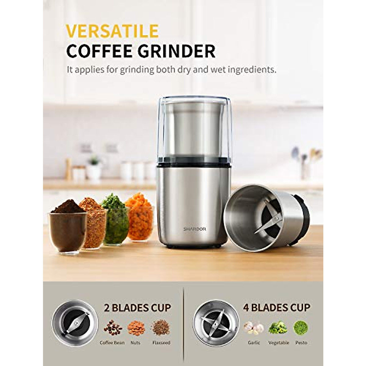 SHARDOR Coffee Grinder Electric, Herb Grinder, Spice Grinder Electric, Wet Grinder for Spices and Seeds with 2 Removable Stainless Steel Bowls, Silver