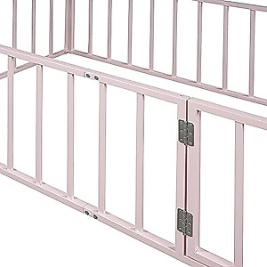 DNYN Twin Size Metal Floor Bed Frame with Door for Kids Bedroom,Metal Struture Bedframe w/Fence,No Box Spring Needed,77" x 41.1"x 21.7"H, Pink