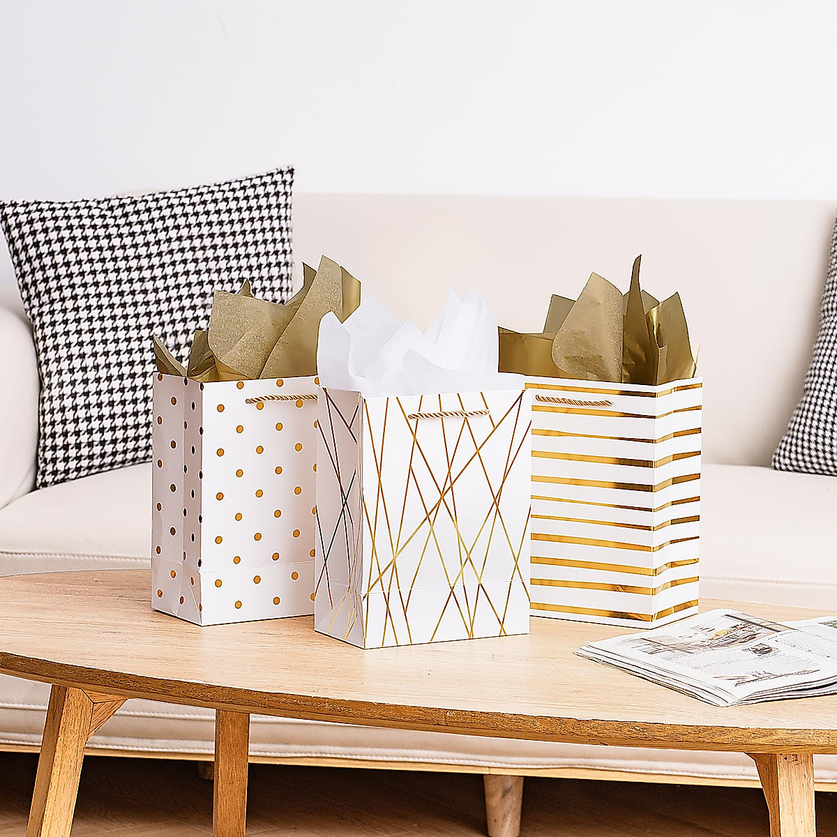 Nihuecne 9" Gift Bags Medium Size with Tissue Paper, 4 Pack White Gold Wrap Paper Gift Bags with Handles for Shopping Parties Wedding Baby Shower Holiday Presents 4 Designs