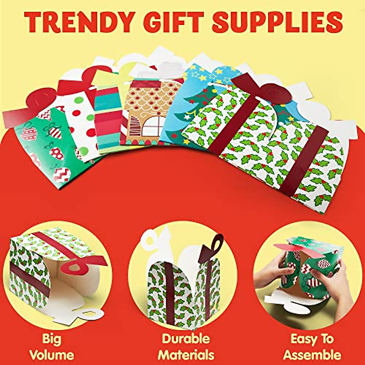 JOYIN 24 PCS 3D Christmas Goody Gift Boxes with Bow for Holiday Xmas Goodie Paper Boxes, School Classroom Party Favor Supplies, Candy Treat Cardboard Cookie Boxes