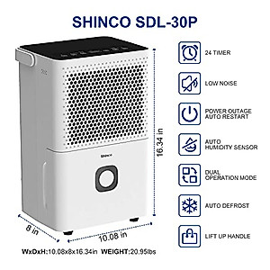 Shinco 30 Pints Dehumidifier for Home and Basements, 1500 Sq.Ft Dehumidifier with Drain Hose, Auto or Manual Drainage, Auto Defrost, Quietly Remove Moisture, Activated Carbon Filter, 24HR Timer