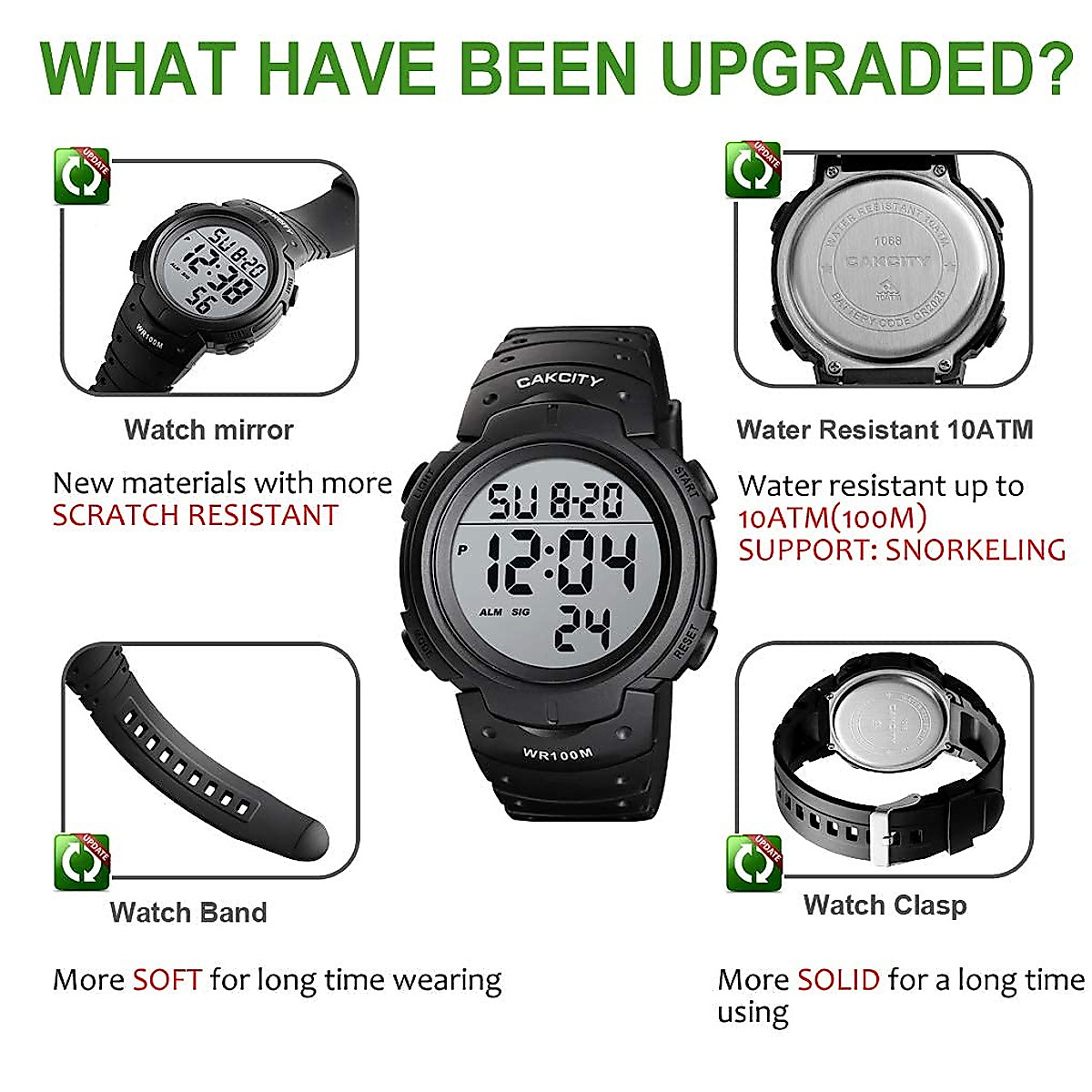 CakCity Digital Sport Watches for Men Waterproof 100M Wrist Watches with Alarm Stopwatch LED Large Display Black - Upgraded Version