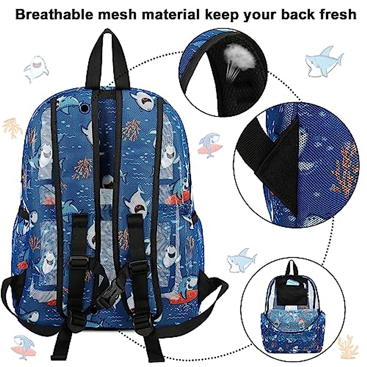 CAMTOP Mesh Backpack Kids Boys Girls Bookbag See Through Preschool Backpacks Casual Daypack for School Beach Travel Swim(Age 3-8 Years,Shark)