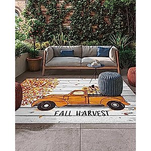 Outdoor Area Rug for Patio,Thanksgiving Autumn Farm Truck Pumpkins Camping Rugs Indoor Large Floor Mat 4x6ft,Fall Orange Leaf Flowers on Wooden Outside Carpet for Deck RV Picnic Porch Backyard