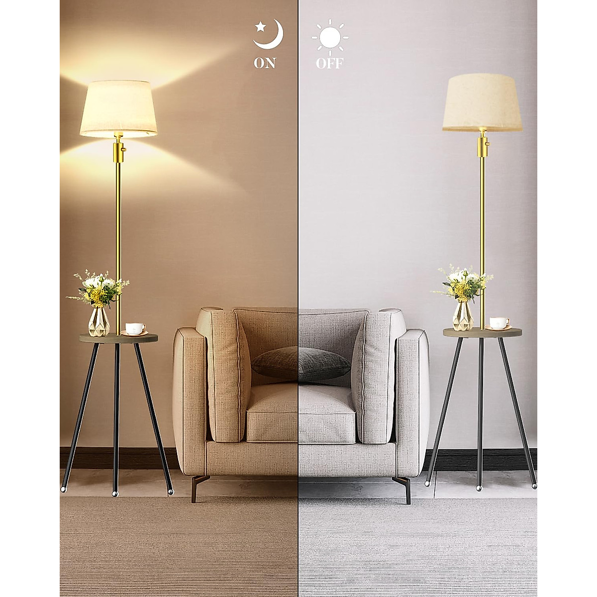 bulbeats 61IN Dimmable Floor Lamp with Shelves, Display Shelf Floor Lamp with Fabric Shade, E26 Bulb, Corner Storage Standing Tall Lamp for Living Room, Bedroom, Office, Bedside