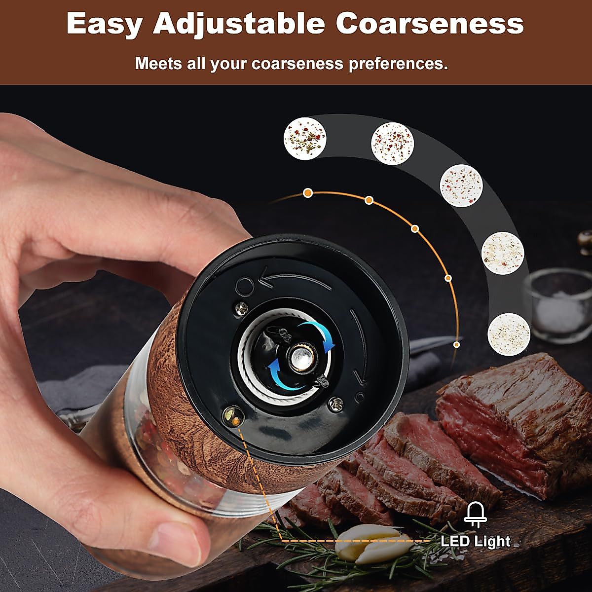 Electric Salt and Pepper Grinder Set, Batery Operated Automatic Salt and Pepper Grinder, One-Handed Operation, Salt and Pepper Grinder with LED light, Adjustable Coarseness (Wood)