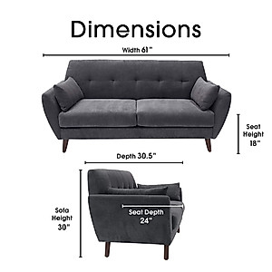 Serta Artesia Collection Midcentury Modern Sofa with Tapered Legs, Easy to Clean, Microfiber Couch Fabric, Durable Hardwood Construction, 61" Loveseat, Dark Gray