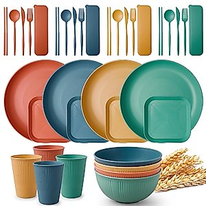 36 Piece Wheat Straw Dinnerware Sets for 4 people, Lightweight and Unbreakable Tableware Sets, Reusable Plates Bowls Cups for Travel Camping,Home Party Cutlery(Dishwasher Microwave Safe)