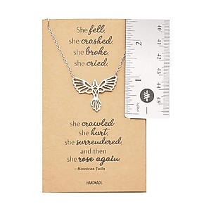 quan jewelry Phoenix Pendant Women Necklace, Bird Charm with Motivational Quote Card,Gift for Mom, Sister - Handmade (Silver Tone)