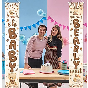 Bear Baby Shower Party Decoration-2 Pices We Can Bearly Wait Porch Sign Banner,Gender Reveal Banner Porch Sign for Welcome Baby Party,Gender Neutral Bear Photo Props Supplies Indoor Outdoor