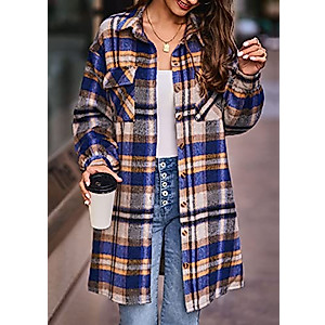 BTFBM Women's Corduroy Shacket Jacket Shirts Lapel Long Sleeve Oversized 2023 Fall Winter Button Down Shirt Dress Pocket(Plaid Royal Blue, X-Large)