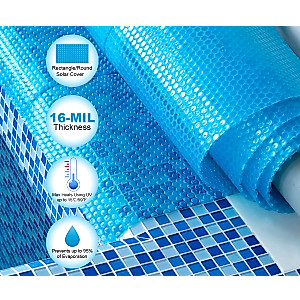 AURSK Solar Pool Cover for Above Ground and In Ground Swimming Pools, 16-mil 12ft x 24ft Rectangle Heavy-Duty Heat Retaining Pool Solar Blanket | Blue 1600 Series