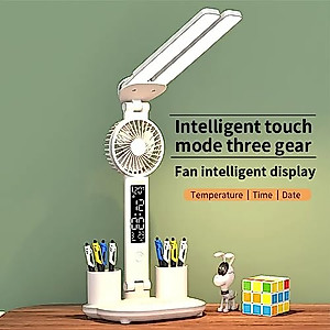 Desk Lamp LED, Lamp with Fan - Foldable Multifunction Table Lamp with Clock Date and Calendar - Led Desk Light with Pen Holder for Bedroom, Home Office Desk Lamp - Reading Table Lamp