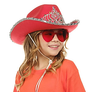 Funcredible Red Cowboy Hat and Glasses - Preppy Cowgirl Hat with Tiara - Sparkly Cowboy Hat - Cowgirl Outfit Accessories for Women and Girls