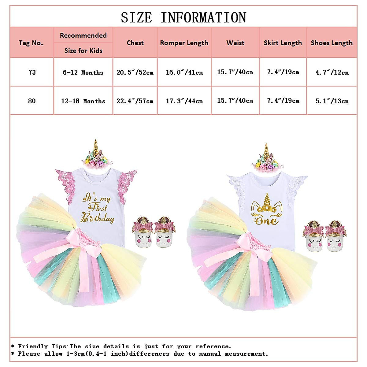 MYRISAM Baby Girls Birthday Cake Smash Unicorn Outfits Princess Romper Bodysuit Rainbow Skirt Unicorn Headband Shoes