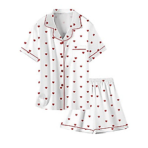Satin Pajamas for Womens, Silk Pajamas 2 Pcs Button Down Sleepwear Short Sleeve Loungewear Outfit for Womens, D White Heart, US S