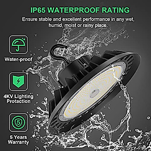 BFT UFO LED High Bay Light 150W 22500LM 0-10V Dimmable 5000K,600W HID/HPS Replacement,5' Cable with Plug,UL Certified Driver IP65 Hanging Hook,Shop Lights for Warehouse Garage Gym,Workshop