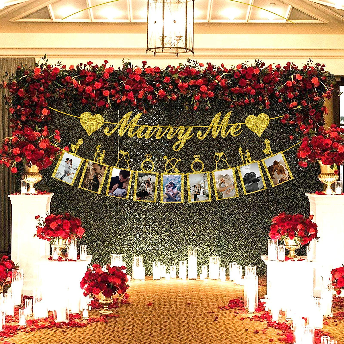 Marriage Proposal Decorations,Gold Marry Me Banner and Photo Banner with Picture Card Frames for Marriage Proposal Ideas Wedding Proposal Decorations.(Gold Glitter)