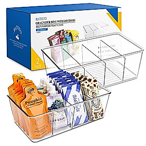 Pantry Organization and Storage Bins, Fridge Organizer Bins - Kitchen Organization and Storage with Dividers, Refrigerator Organizer Bins - Clear Storage Bins, Cabinet Organizers (2 pack)