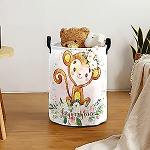Cute Monkey Pink Floral Personalized Laundry Basket Clothes Hamper with Handles Waterproof,Custom Collapsible Laundry Storage Baskets for Bedroom,Bathroom Decorative Large Capacity